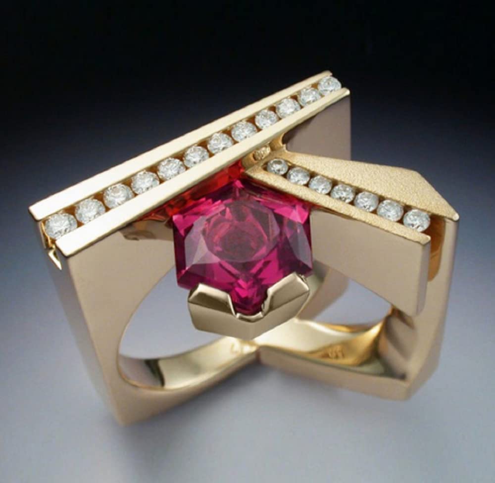 HUKQBUNX 18K Gold Multi Gem Geometric Irregular red gem Multi Diamond Diamond Diamond Cubic Zircon Women's Precious Fashion gem Couple Wedding Engagement Ring Size 6-10 (Size 9)