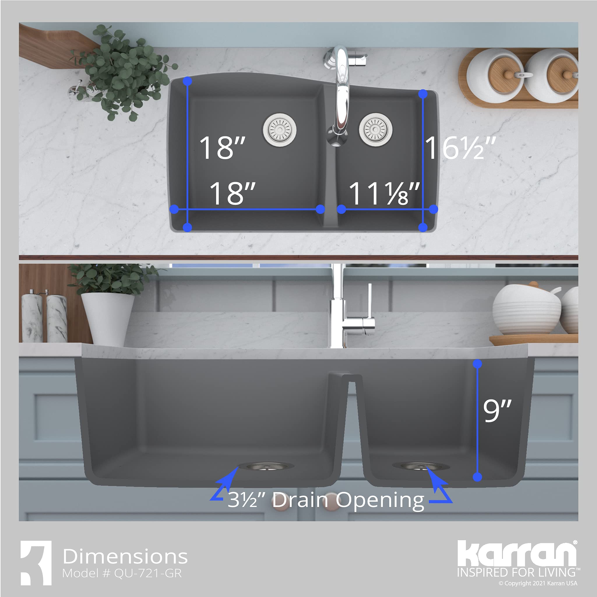 Karran QU-721 Undermount Quartz Composite 33 in. 60/40 Double Bowl Kitchen Sink with Bottom Grids and Strainers in Grey