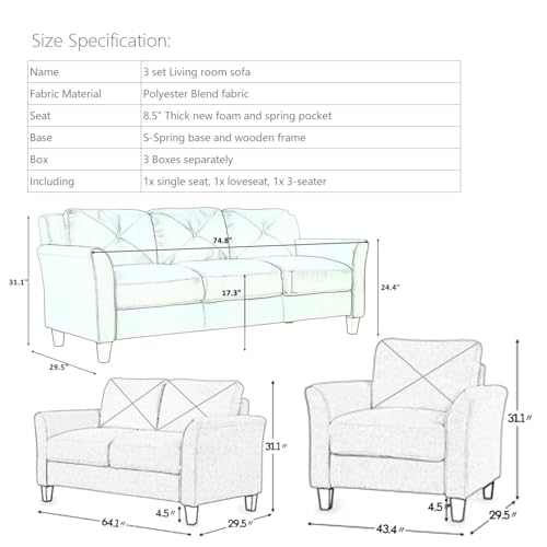 NHX 3 Piece Living Room Set Sectional Sofa Include Rolled Arms Three Seater Sofa, Loveseat and Armchair Upholstered (1+2+3 Black Sofa Set)