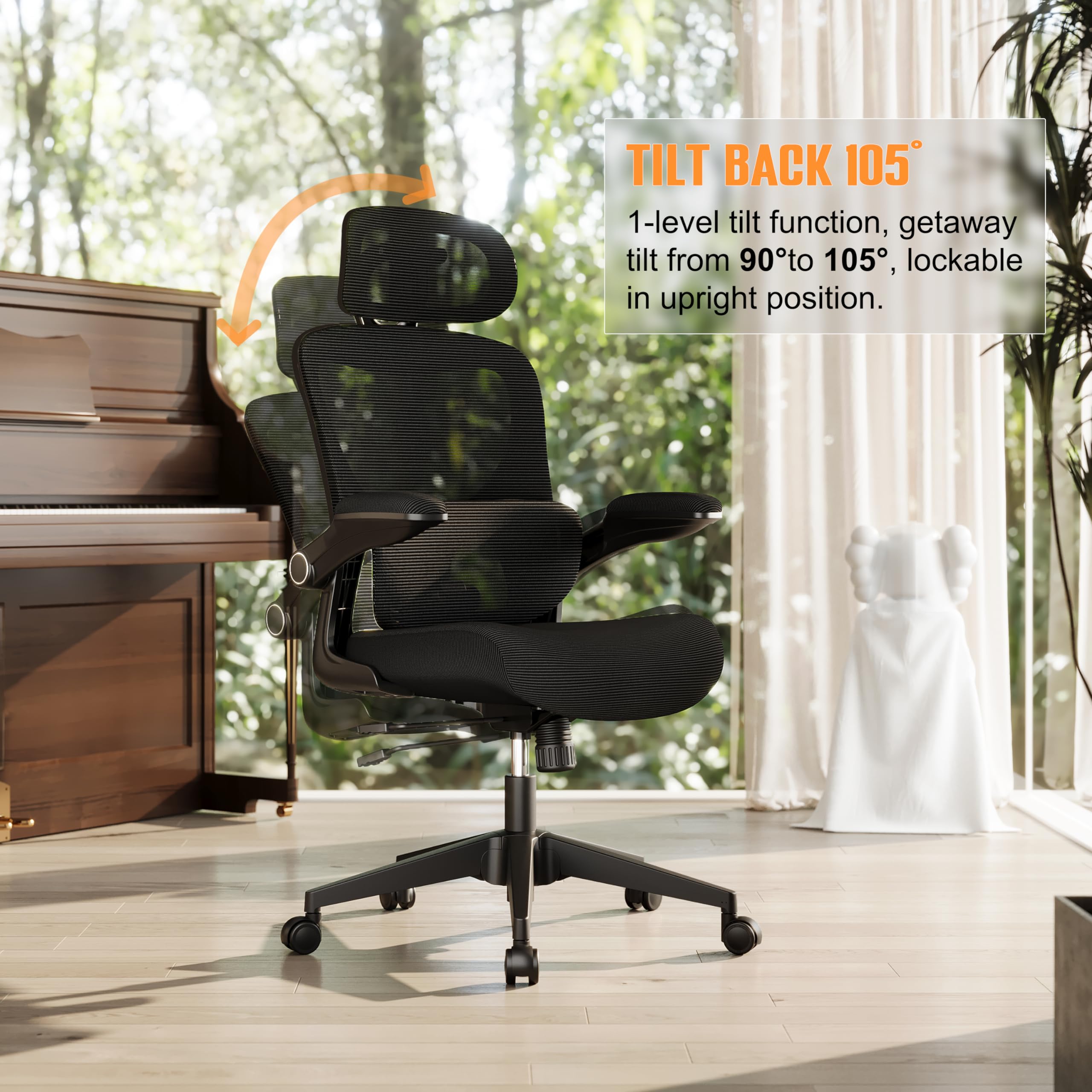 Ergonomic Office Desk Chair, High Back Mesh Chair with Flip-Up Arm, Headrest, Swivel Rolling Wheel, Adjustable Lumbar Support, Big and Tall Comfy Computer Gaming Task Chairs for Adults