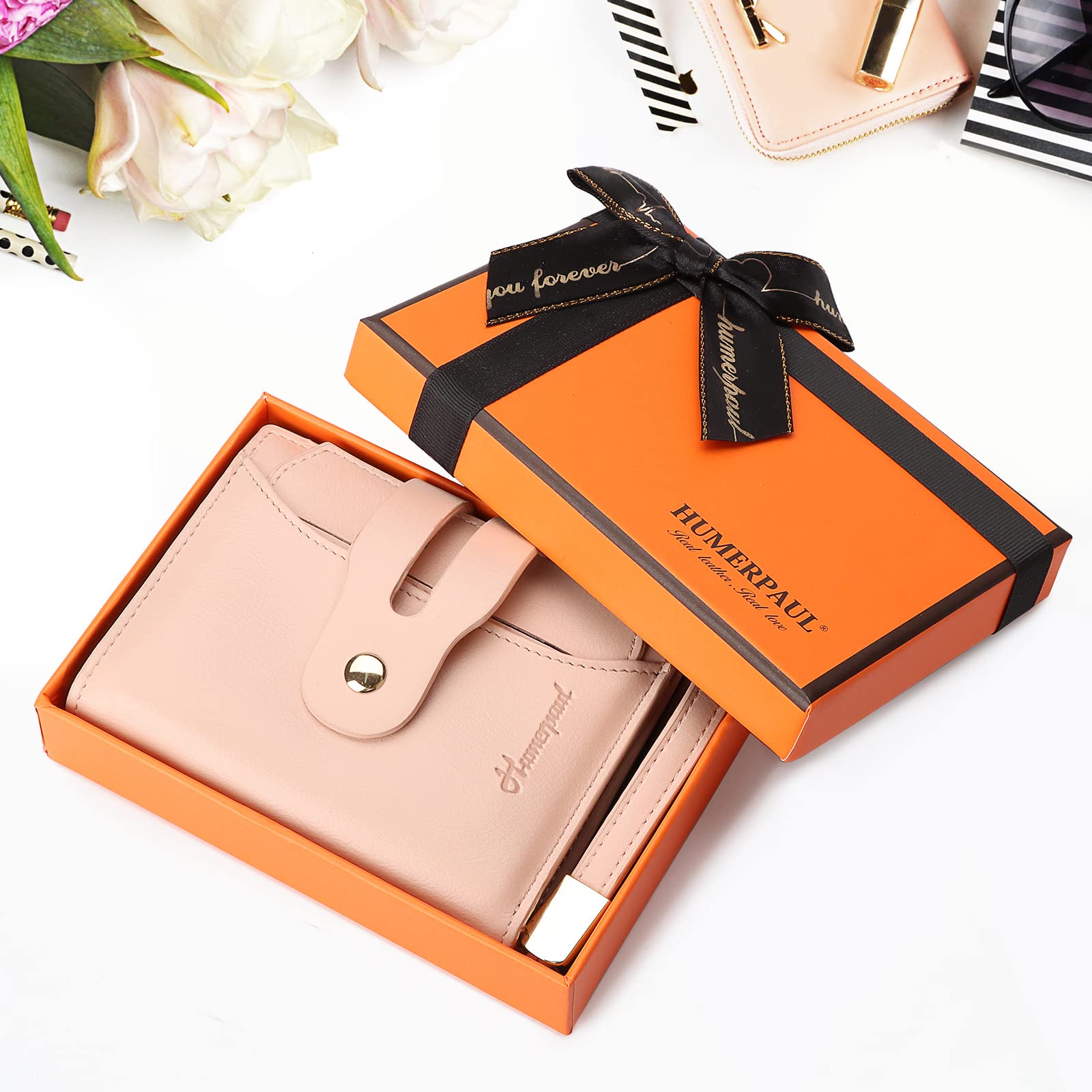 HUMERPAUL Women‘s Leather Wallet RFID Blocking Small Compact Bifold Zipper Pocket Purse with ID Window and Card Case, Brown