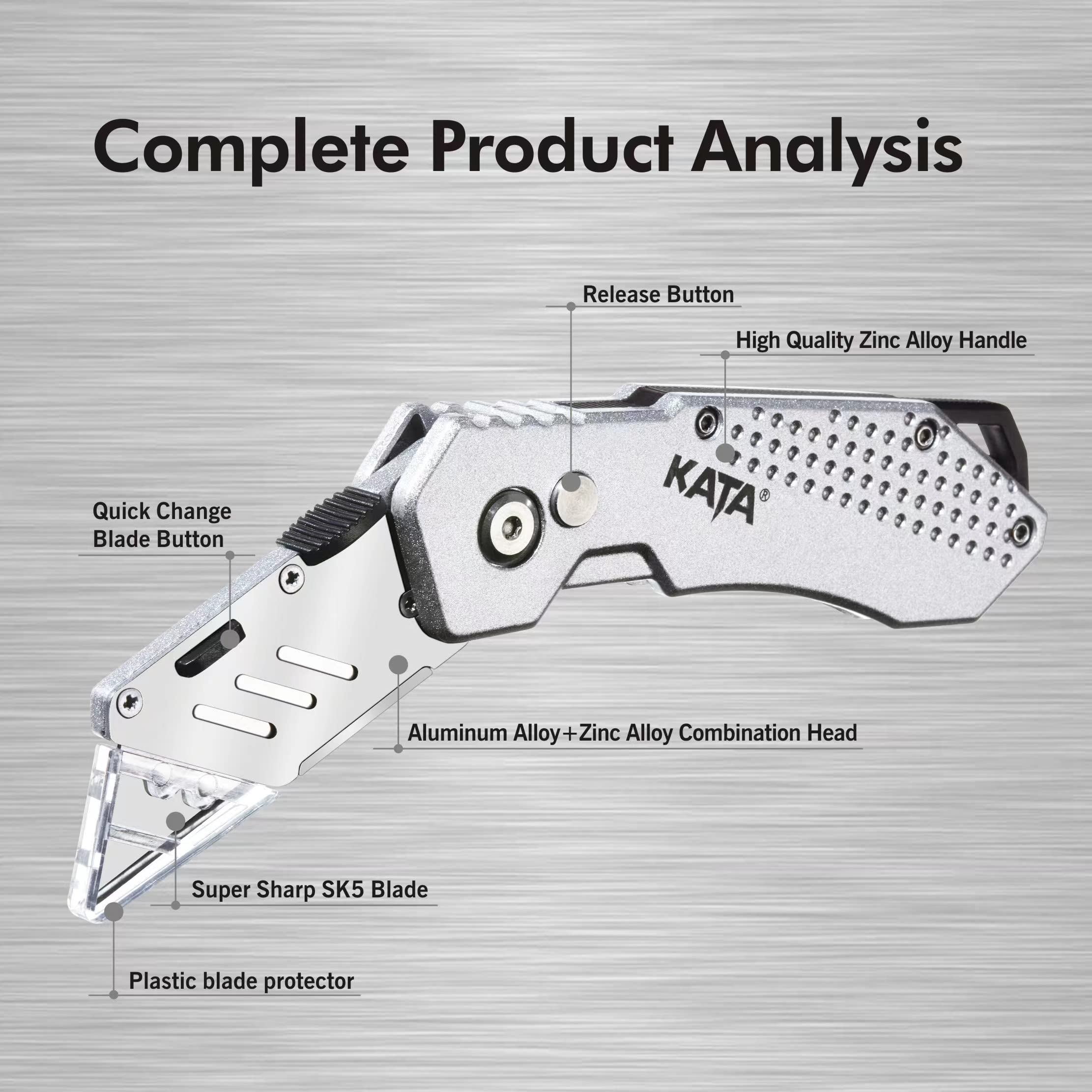 KATA 3-Pack Heavy Duty Box Cutter Folding Utility Knife With Zinc Alloy Body, Quick Change Blades, Lock-Back Design, Extra 12pc Blades For Cartons, Cardboard and Boxes