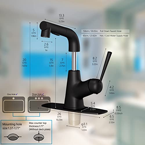 Joozer Matte Black Bathroom Pull Out Faucet Bathroom Faucet with Pull Out Sprayer RV Faucet for Bathroom Sink Lavatory Single Hole 3 Mode Rotating Spout for Cold and Hot Water with 6 Inch Deck Plate