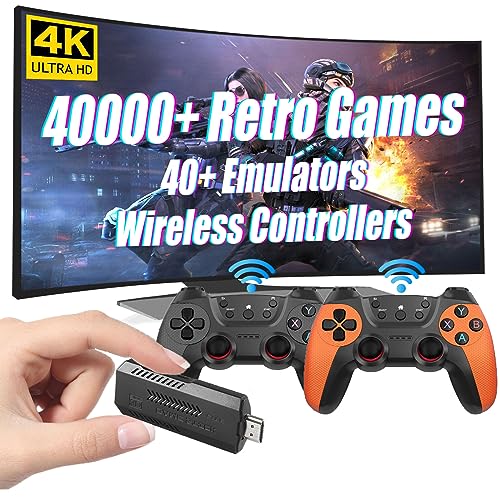 Wireless Retro Game Console, HeavenBird 64G HD Classic & 3D Games Stick Built in 47 Emulators with 40000+ Games & Dual 2.4G Wireless Controllers, 4K HDMI Video Games for TV, Gift for Adults & Kids