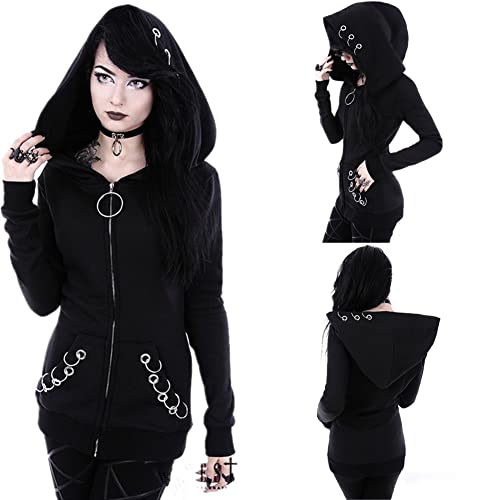 Women Gothic Punk Ring Front Zip up Long Sleeve Hoodie Sweatshirt Jacket Coat (L) Black