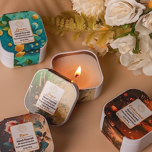 Scented Candle Gift Set for Women,4 Pack Square-Shaped Aromatherapy Candles, Organic Soy War Jar Candles for Housewarming Gift Set Fragrance Cedarwood, Sage, Lavender, Eucalyptus