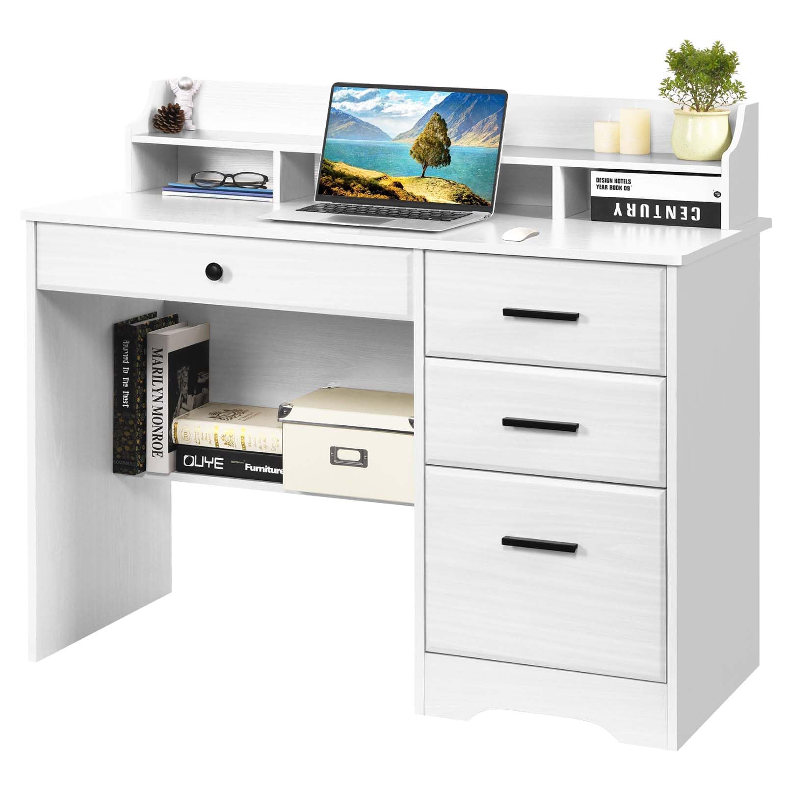 MaverickFurni White Desk with 4 Drawers, Computer Desk with Drawers and Hutch&Shelf, Wood Writing Home Office Workstation, Student Desks for Bedooms with Drawers, 38.2” H x20.5” D x44” W - White