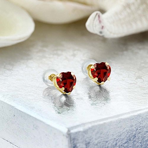 Gem Stone King 10K Yellow Gold Red Garnet Stud Earrings For Women (1.80 Cttw, Gemstone Birthstone, Heart Shape 6MM)