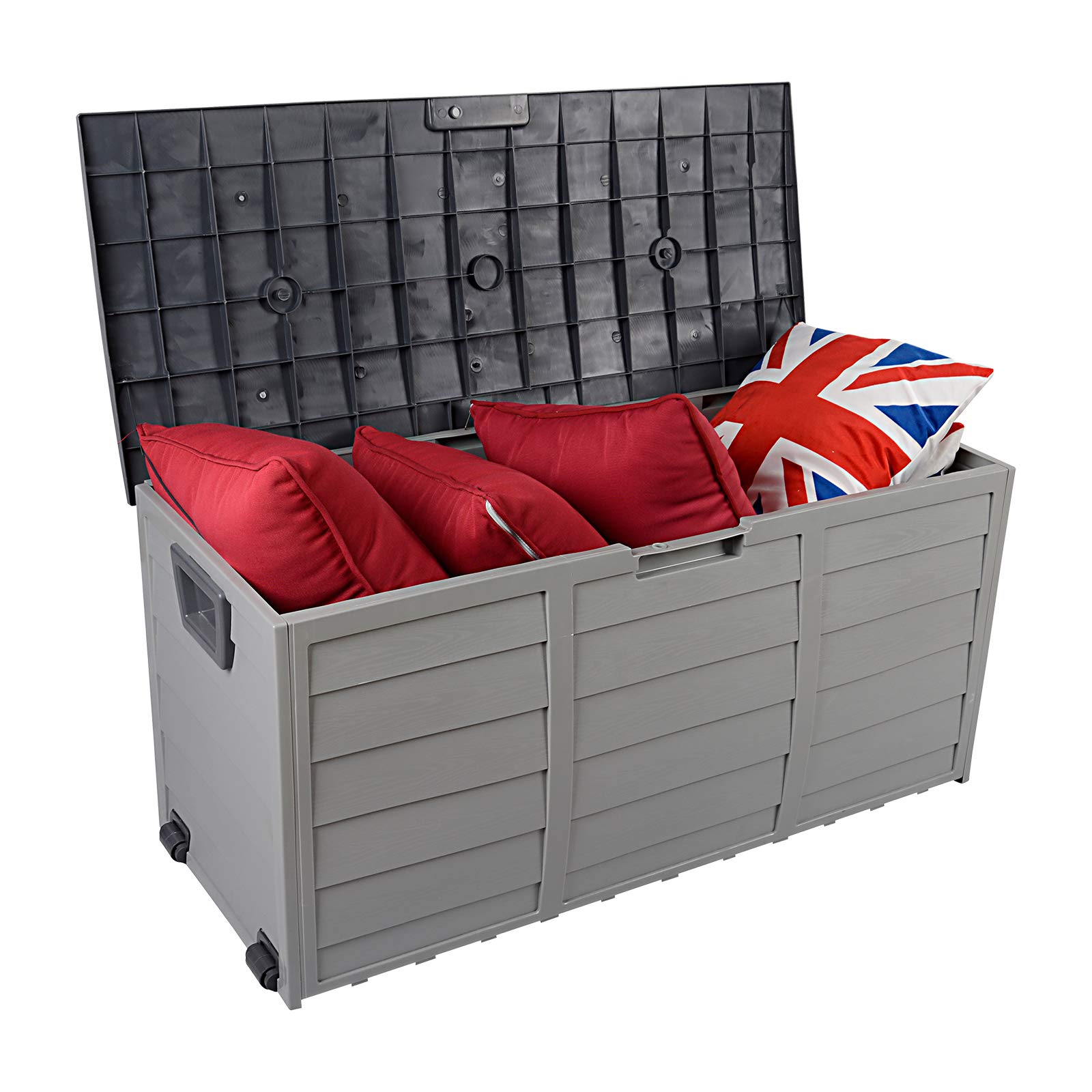 Kcelarec Plastic Deck Storage Container Box Outdoor Patio Furniture 75 Gal, Pools Yard Storage Tools w/Built-In Wheel (Grey)