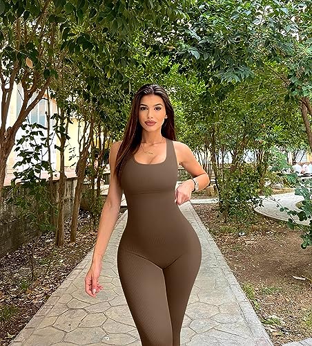 OQQ Women's Yoga Workout Ribbed Sleeveless Racerback Padded Sports Exercise JumpSuit Bra, Coffee, Small