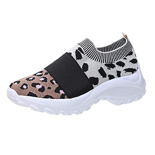 FASDNENDYS Ladies Fashion Mesh Breathable Shoes Lightweight Colorblock Leopard Print Platform Post Office Work Shoes Pink