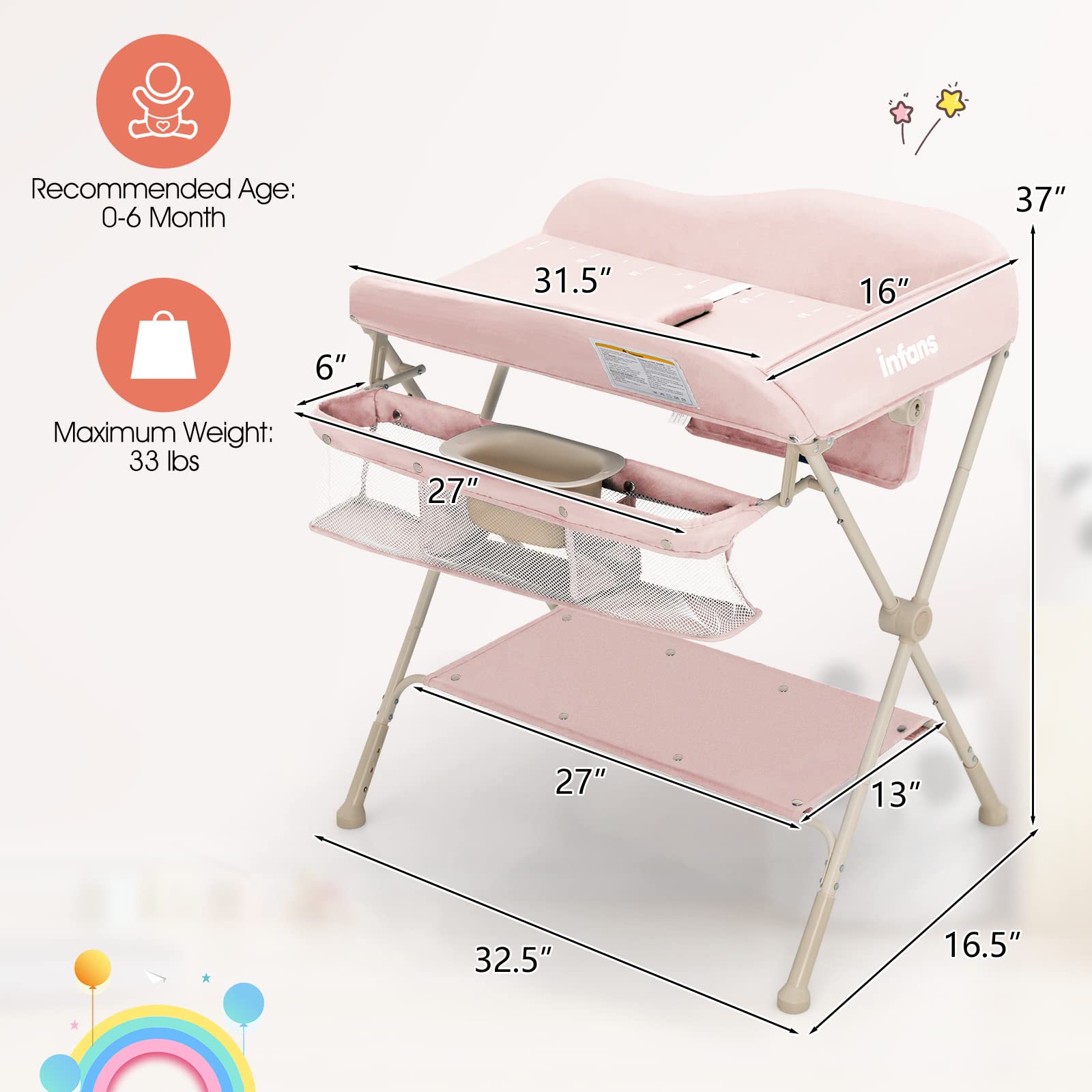 INFANS Portable Baby Changing Table, Folding Diaper Dresser Station with Wheels, Adjustable Height, Safety Belt, Drying and Storage Rack, Mobile Nursery Organizer Stand for Newborn Infant (Pink)