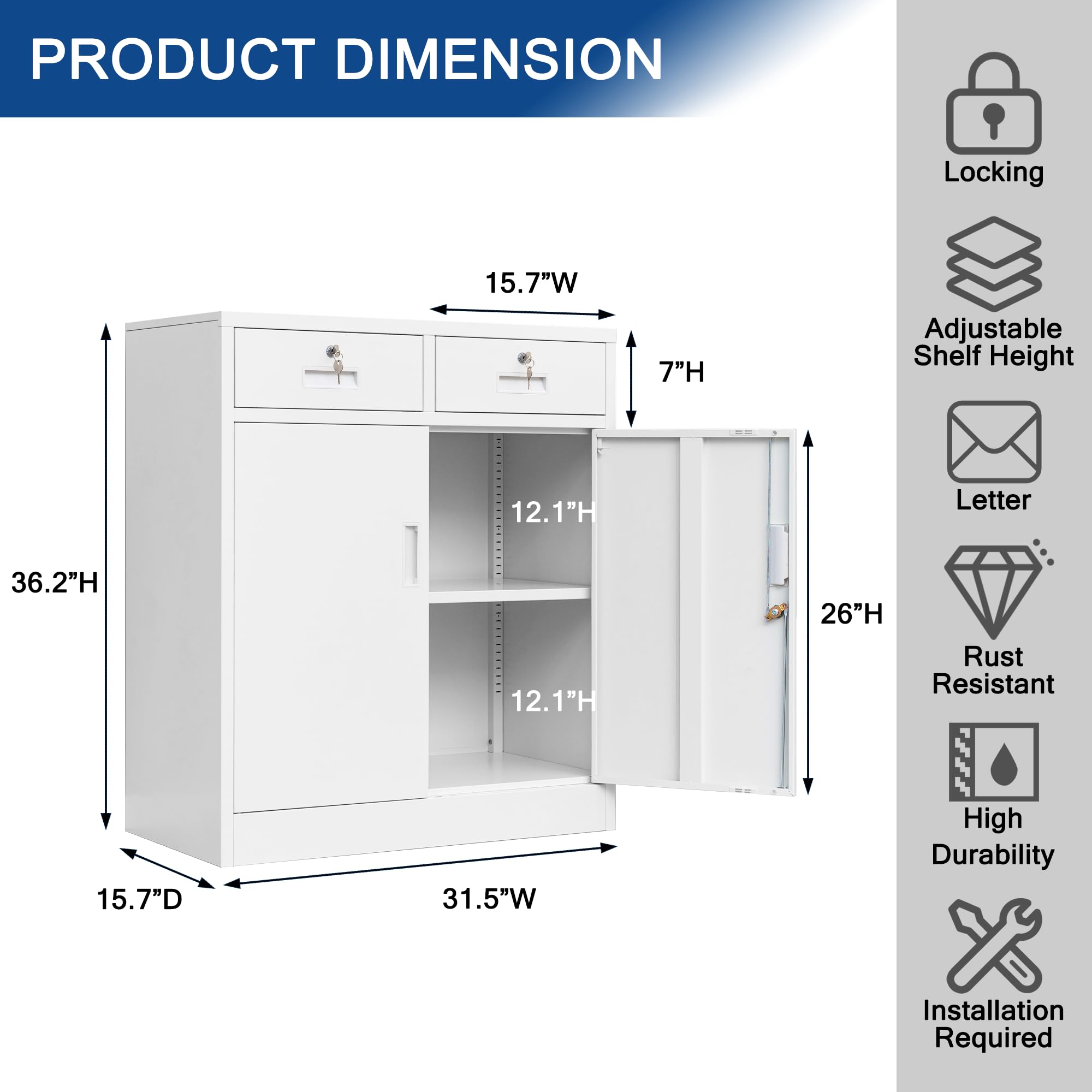TaskStorz Metal Garage Storage Cabinets,Metal File Cabinet with 2 Locking Drawers, Lockable Storage Cabinets for Office, Home, Garage, Warehouse 36.2" H x 31.5" W x 15.7" D (White)