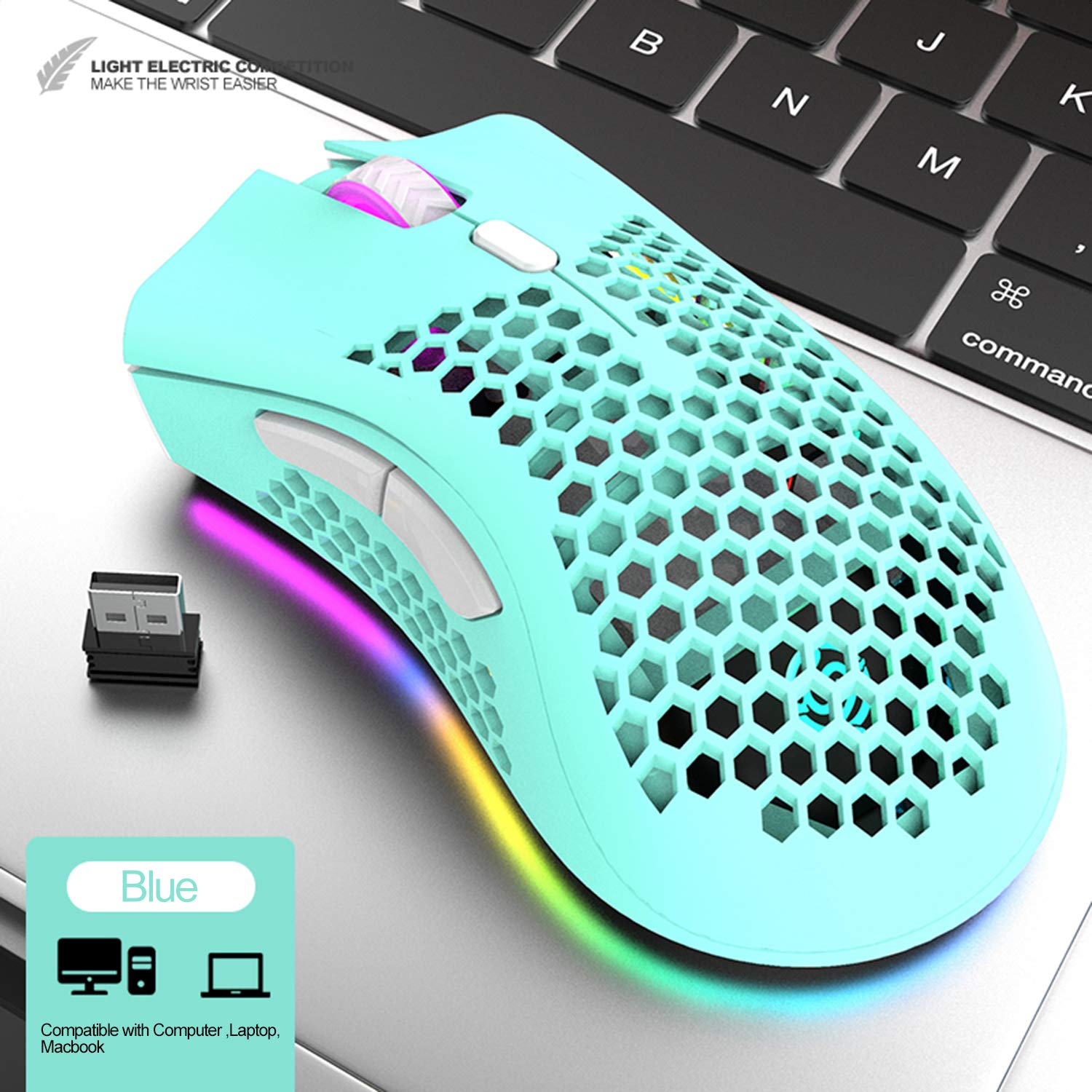 HXMJ Rechargeable Wireless Honeycomb Gaming Mouse,Lightweight with 3200 DPI,RGB Rainbow Backlit-Blue
