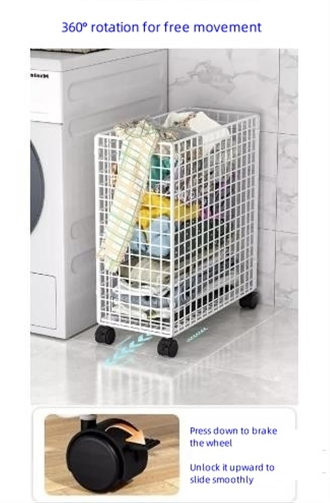 MAGUZA Iron Wire Laundry Hamper, Collapsible Clothes Hamper with Hooks and Baskets, Metal Rolling Laundry Cart for Bathroom (Color : Golden, Size : 38 * 20.5 * 53cm)