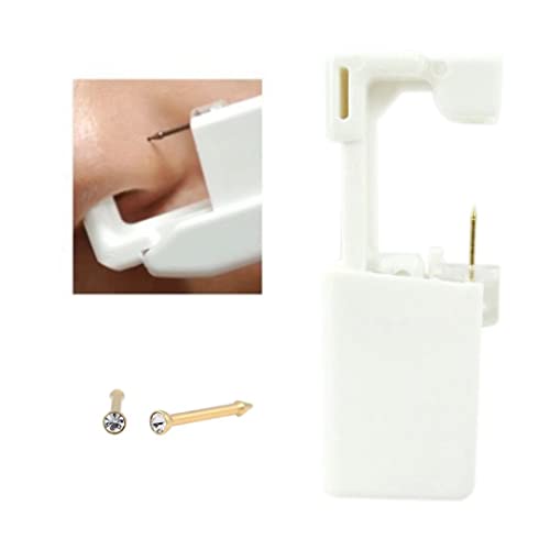 Jamal Ear Rings Studs with Piercing Gun Disposable Sterile Body Ear Nose Piercing Kit Tool with Stud Safety Portable Ear Piercing Kit 1 unit (Nose Gold White)
