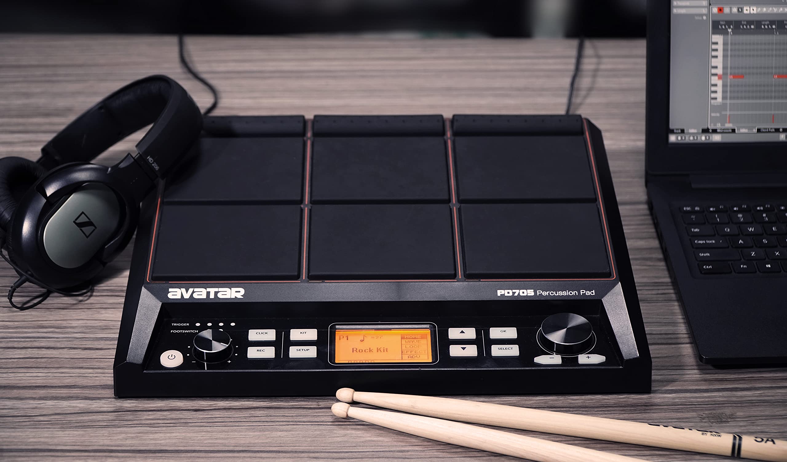 HXW PD705 Percussion Sample Pad 9 Trigger Sampling Multipad Portable Travel Electric Drum Pad With Built-in 592 Sounds, Support USB/MIDI In Out/AUX