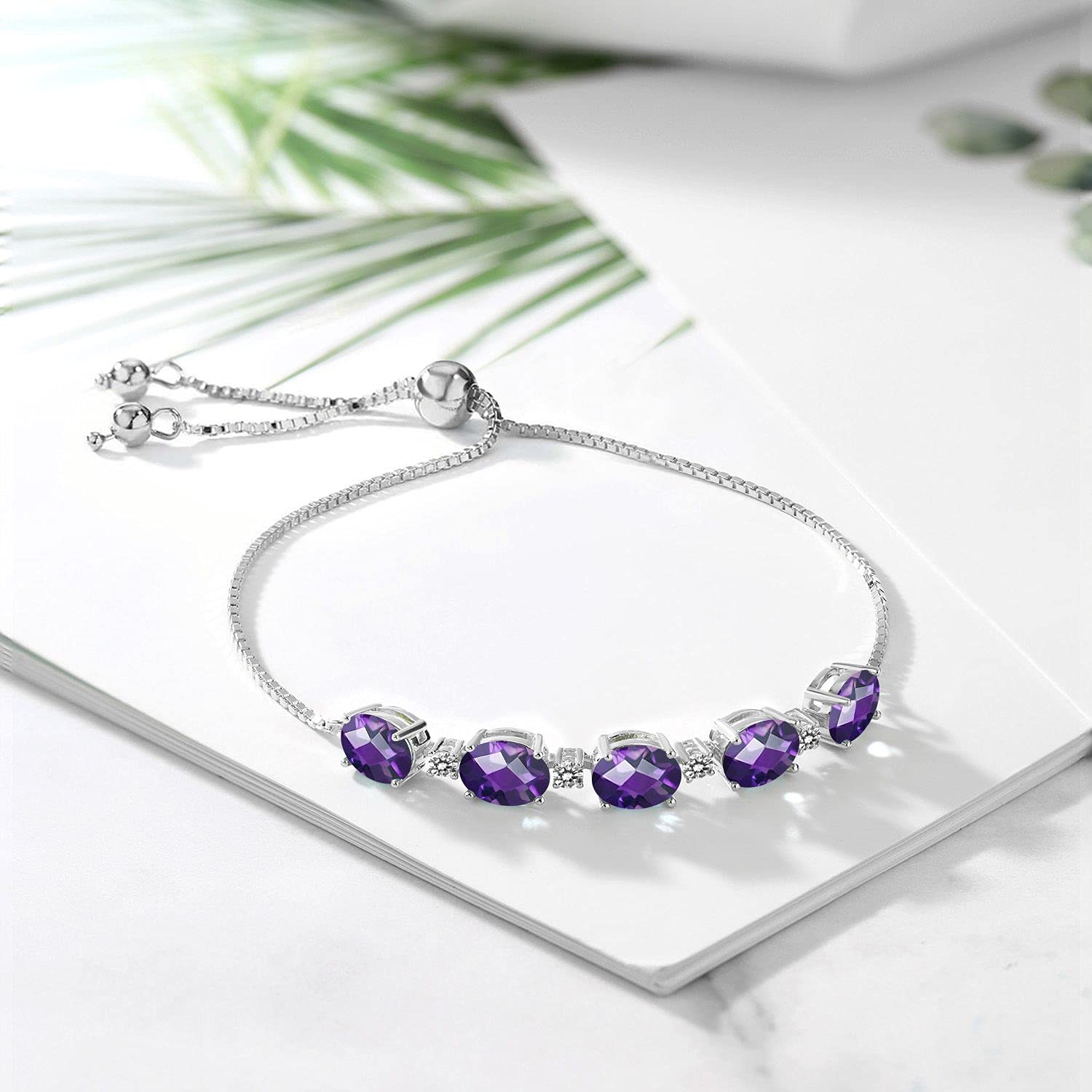 Gem Stone King 925 Sterling Silver Oval Checkerboard Purple Amethyst and White Diamond Tennis Bracelet For Women (6.26 Cttw, Gemstone Birthstone, Fully Adjustable Up to 9 Inch)