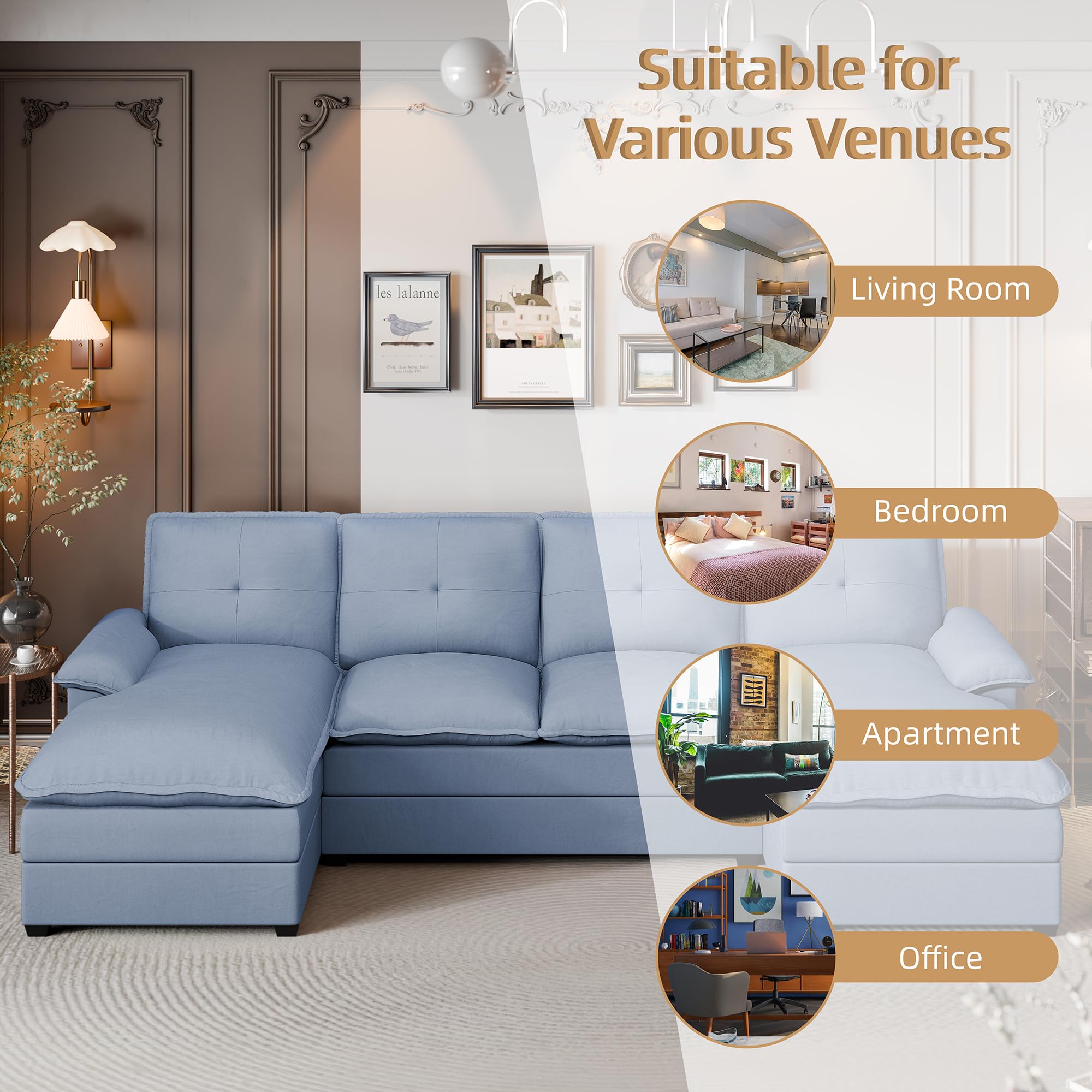 JAMFLY Sectional Couches for Living Room, U-Shaped Couch 4 Seat Sofa Set with Double Chaises, Modern Fabric Modular Sectional Sofa Set for Apartment, Blue