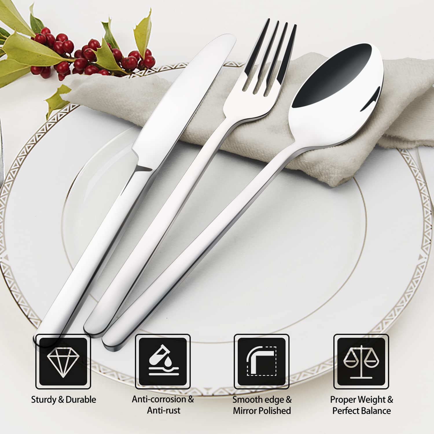 KINGSTONE Stainless Steel Dinner Knives Set of 4, 8.9-Inch Shiny Mirror Dinner Knife with Clean Design, Heavy Duty Butter Knife, Sharp Table Knives for Home Kitchen, Restaurant Use