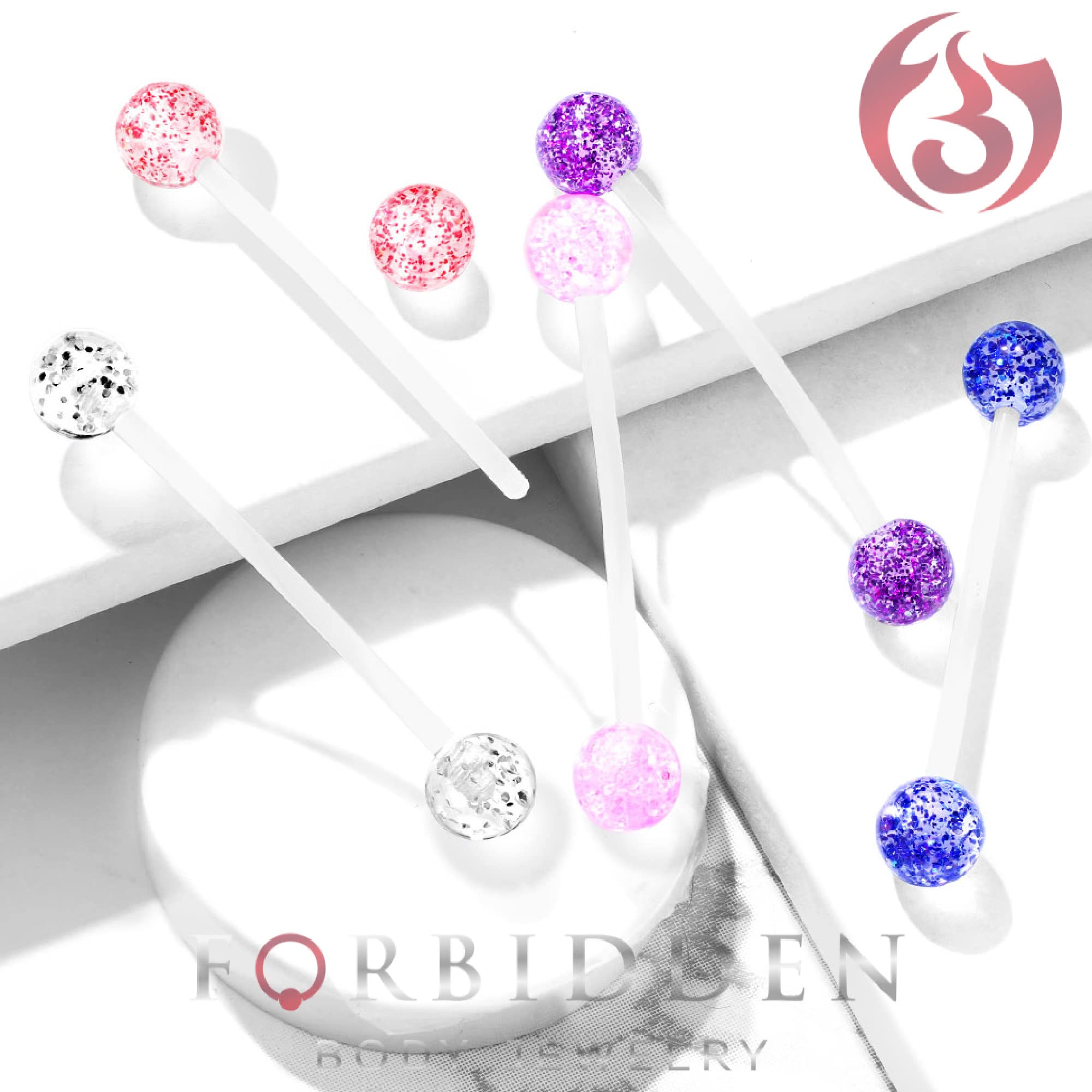Forbidden Body Jewelry 1" 14G Flexible Bioflex Pregnancy Belly Ring with 6mm Glitter Balls, 5pc Clear/Blue/Pink/Purple/Red