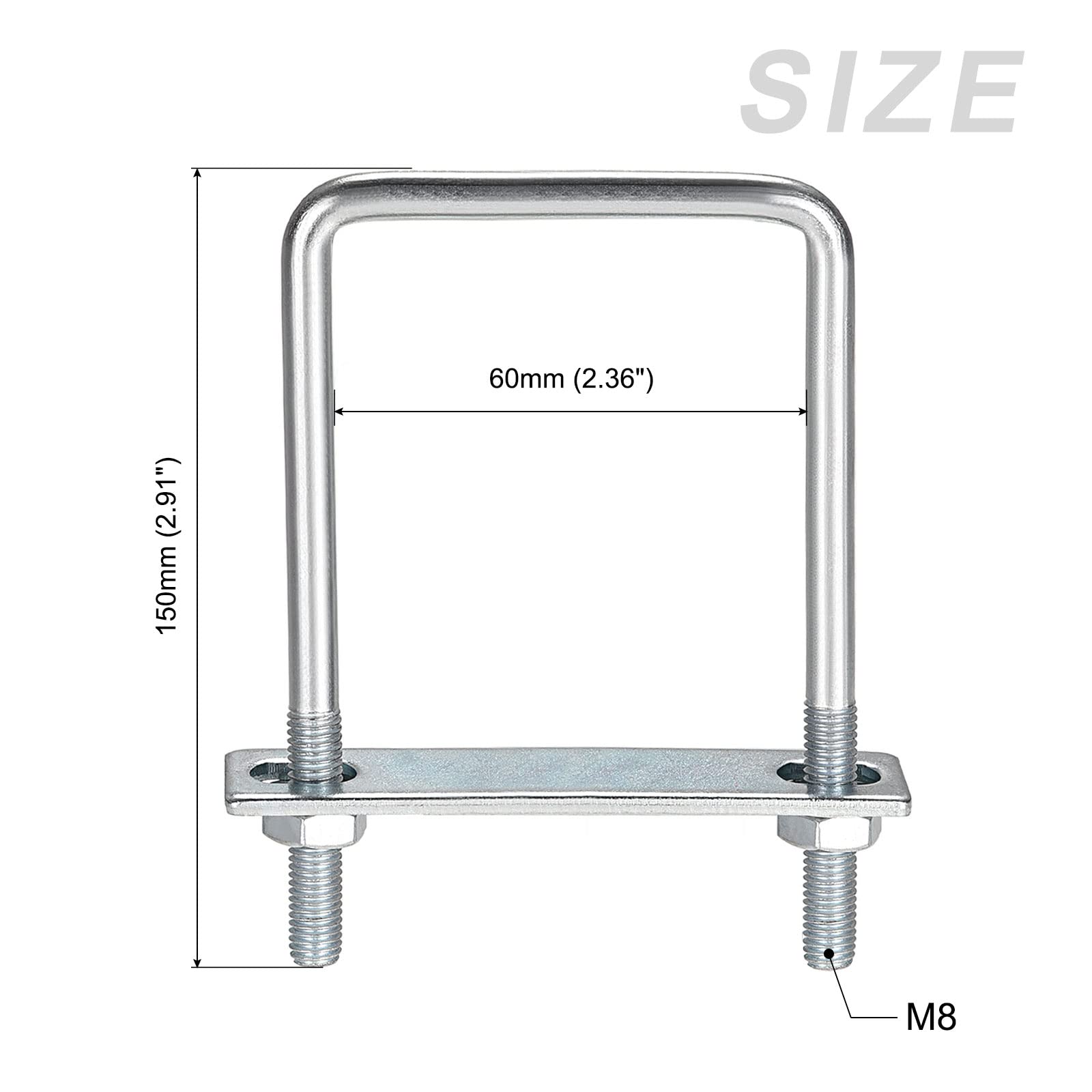 METALLIXITY U Bolts 4 Sets (M8x60x150mm), Square U Bolt Carbon Steel with Accessories - for Construction, Pipe