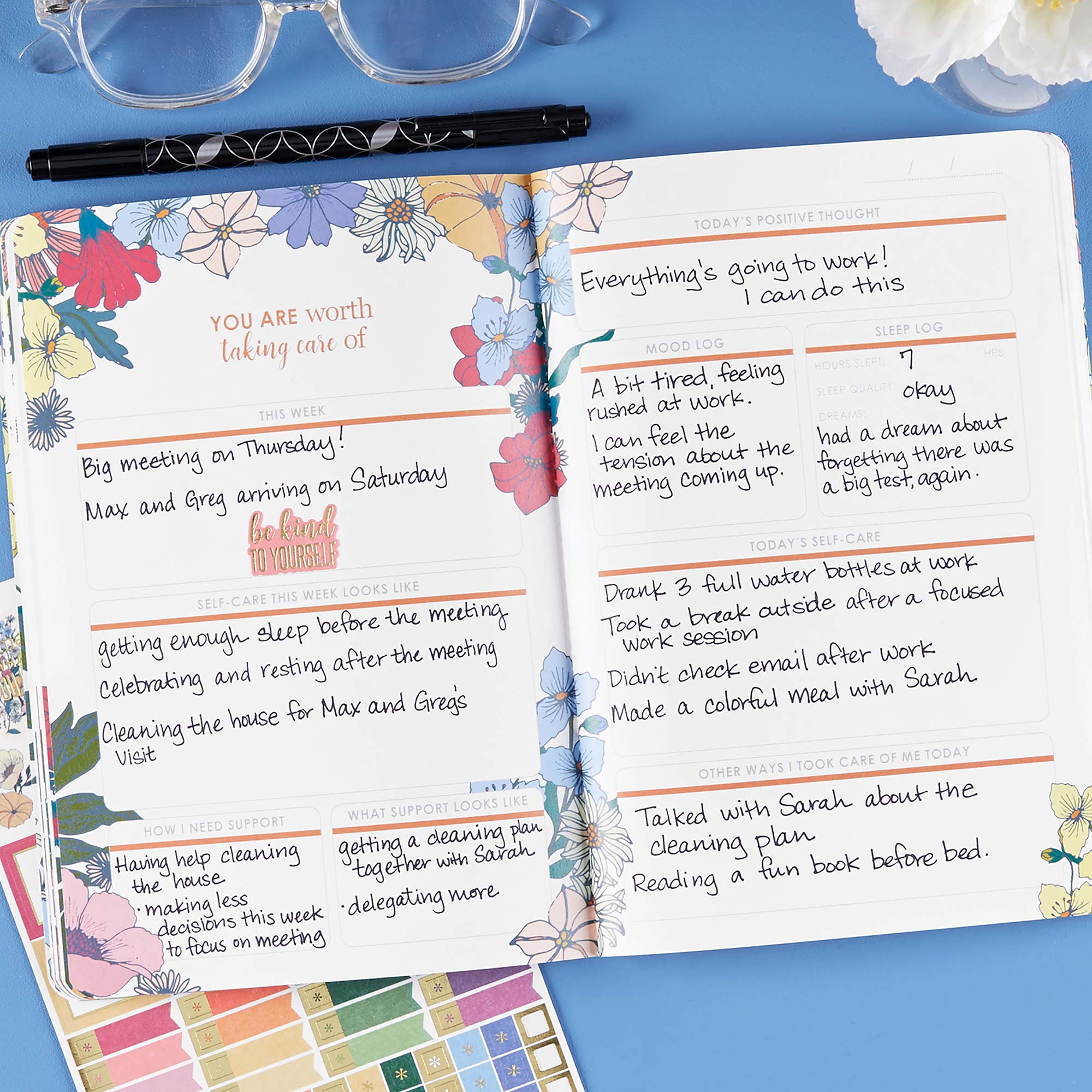 Erin Condren Petite Planner Self Care Journal, Mood Log, Sleep Log, Daily Intentional Setting, and Progress. Includes Inspirational Quotes and Functional Stickers