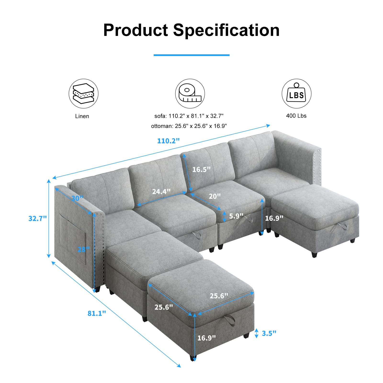 PUREMIND 110" U Shaped Sectional Couch, Modular Convertible Sectional Sofa with Storage, 7 Seat Sofa Couches for Living Room, Light Grey