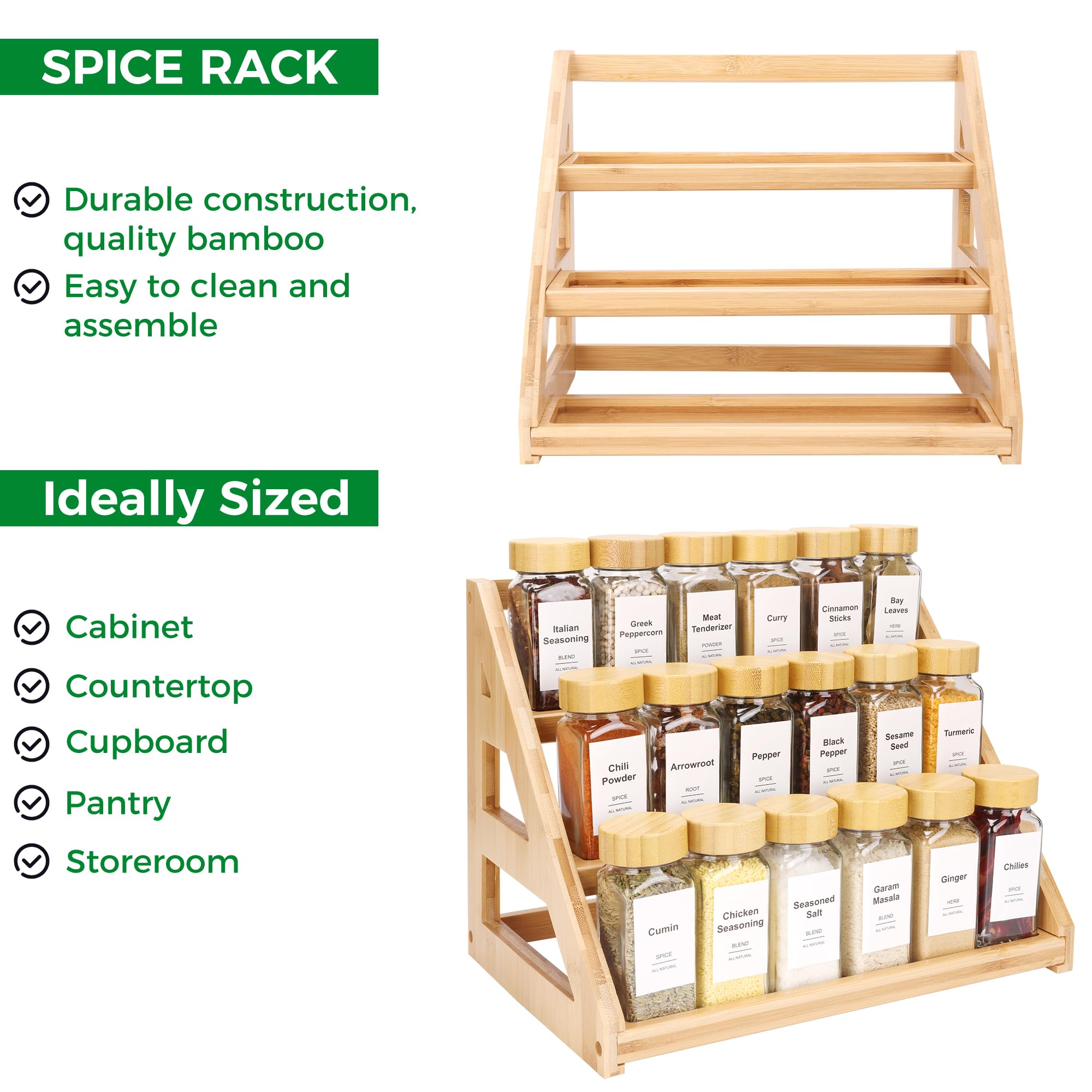 MNADSFKJ Spice Rack Organizer for Cabinet, 3 Tier Spice Rack, Bamboo Spice Organizer for Kitchen Cabinet, Pantry and Countertop Organization- Natural