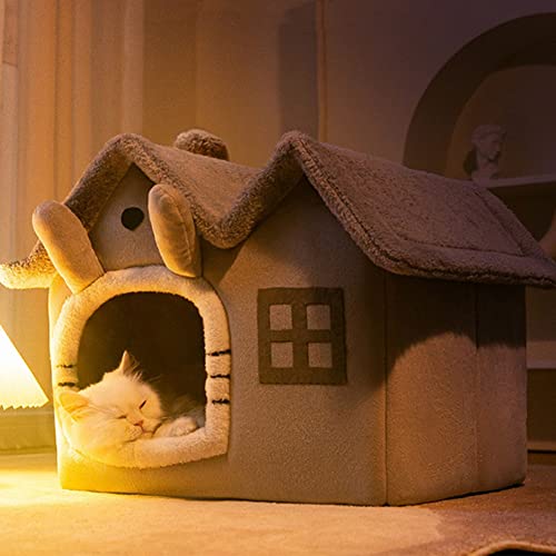 Luxury Double Roof Dog House Cat Nest with Removable Plush Cushion, Foldable Warm Soft Kennel Indoor (L)