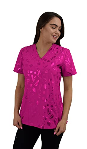 Womens Medical Nursing Foil Printed Scrub Uniform Top Zinnia-BC Ribbon Floral - Magenta-Large