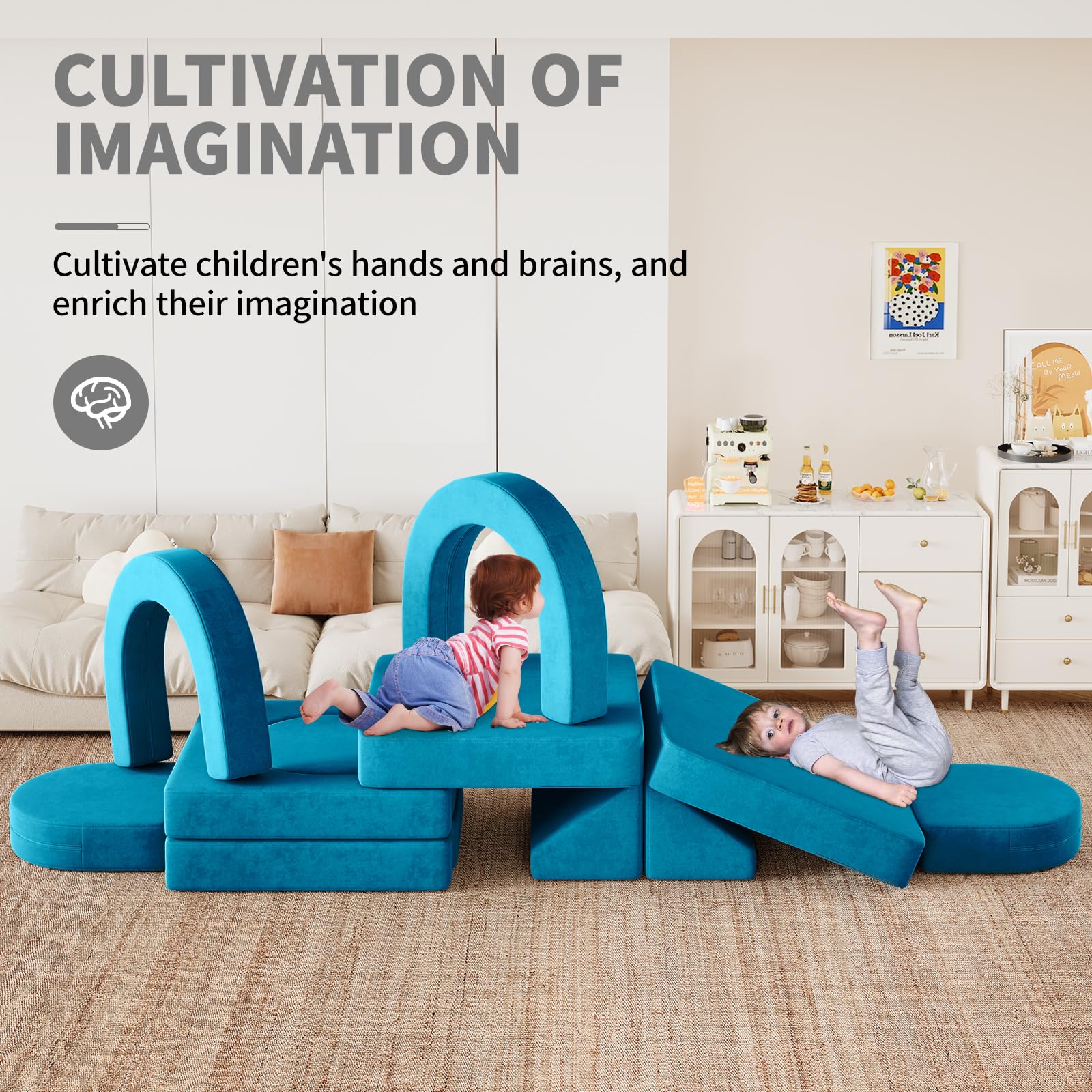 Kids Couch, 12PCS Modular Toddler Couch with 4 Arches and 2 Triangular Cushions, Fold Out Kids Couch for Playroom, Bedroom, Modular Kids Couch for Boys and Girls, Kids Play Couch for Kids (Blue)