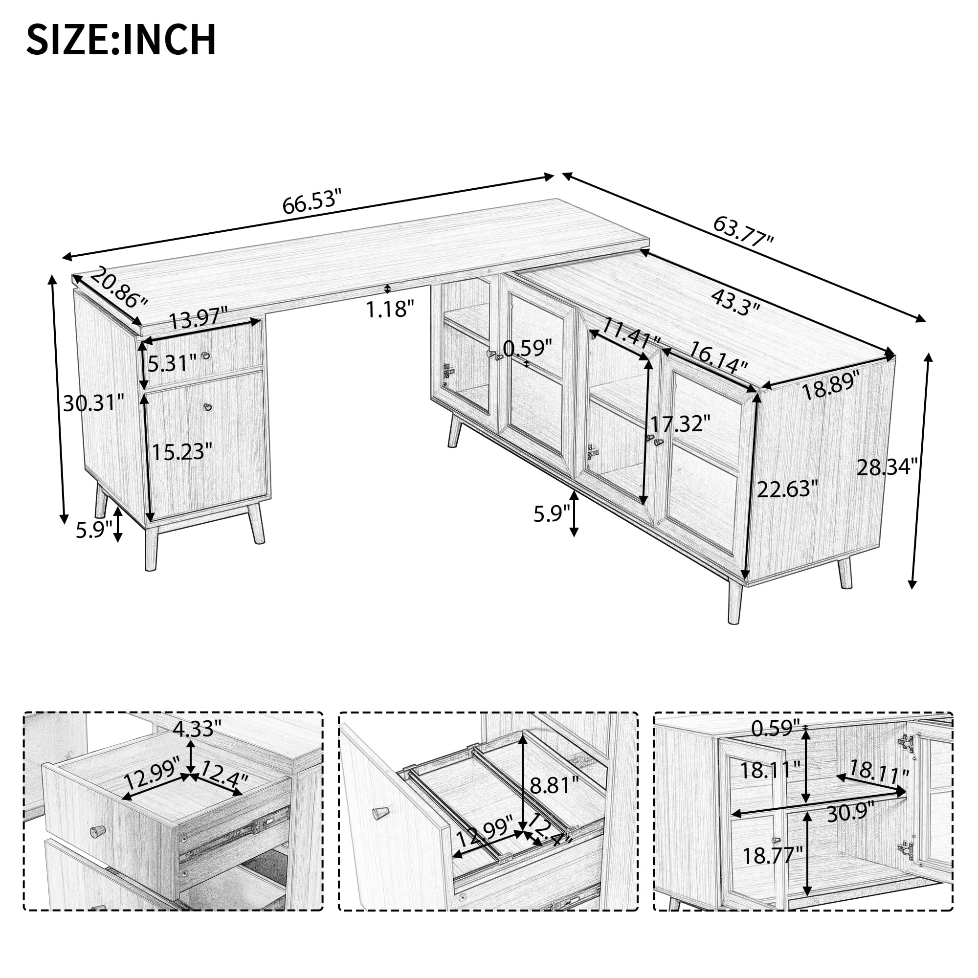 Pajadar L-Shaped Desk 66.5", Modern Executive Table with Delicate Tempered Glass Cabinet Storage, Teak Desk with Drawers, Long Desk for Modern Home Office