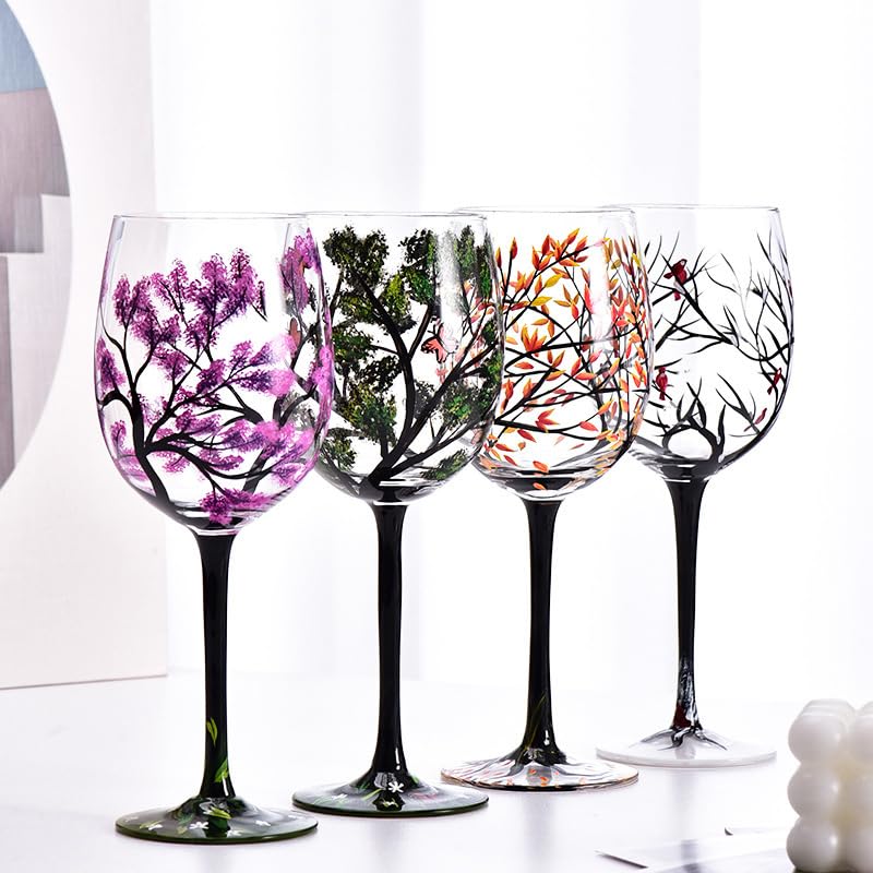 Four Seasons Tree Wine Glasses, Hand Painted Wine Glasses, Unique Anniversary Wedding Christmas Gift (B, L)