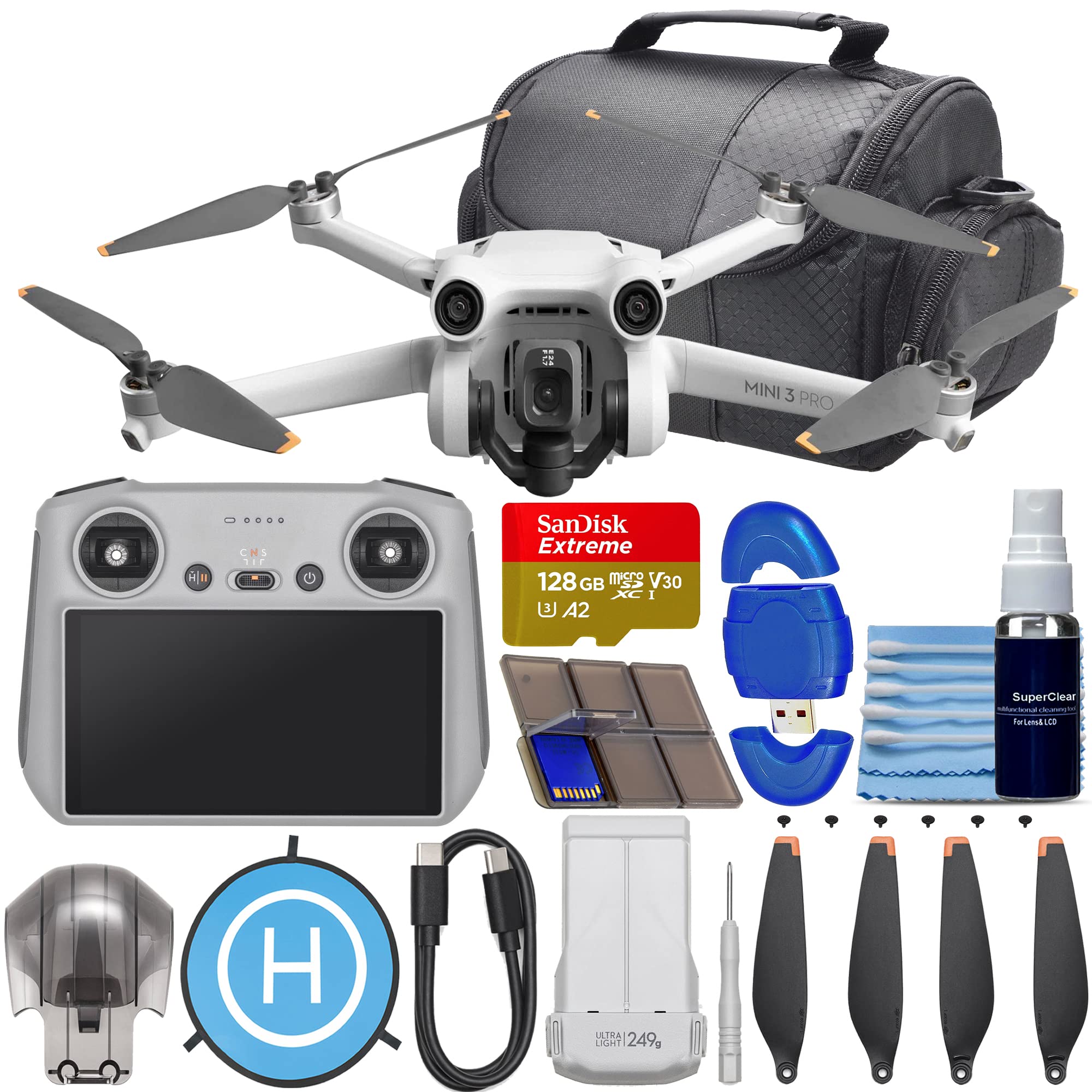 DJI Mini 3 Pro (DJI RC) Camera Drone 4K Video Quadcopter with RC Smart Remote Controller CP.MA.00000492.02 + 128GB Memory Card + Landing Pad + Carrying Bag + Pilot Bundle