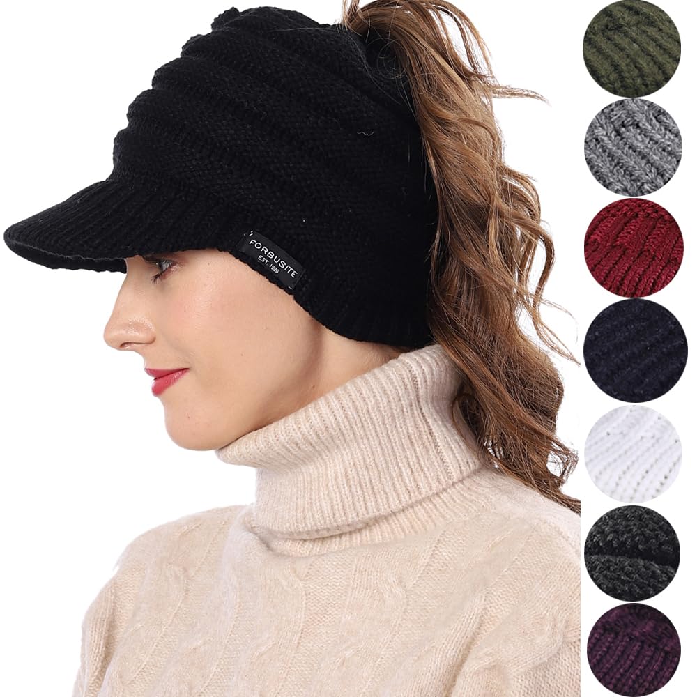 FORBUSITE Women's BeanieTail Warm Knit Hat Messy High Bun Ponytail Visor Beanie Cap B088 A-Black