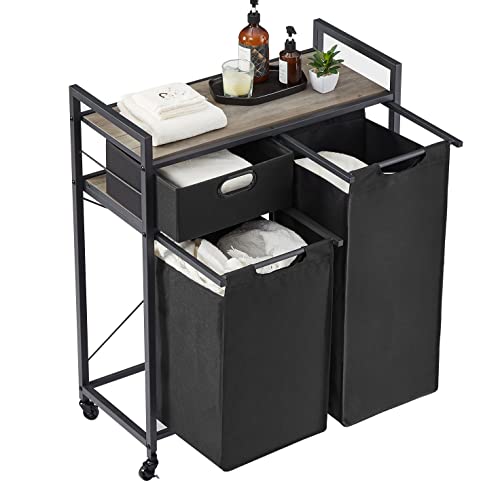 Laundry Hamper Cart, Laundry Basket with Shelf Laundry Sorter 2 Section with Wheels Metal Frame Removable Bags and 1 Drawer, Organization Storage with Handles for Dirty Clothes Hampers(Grey)