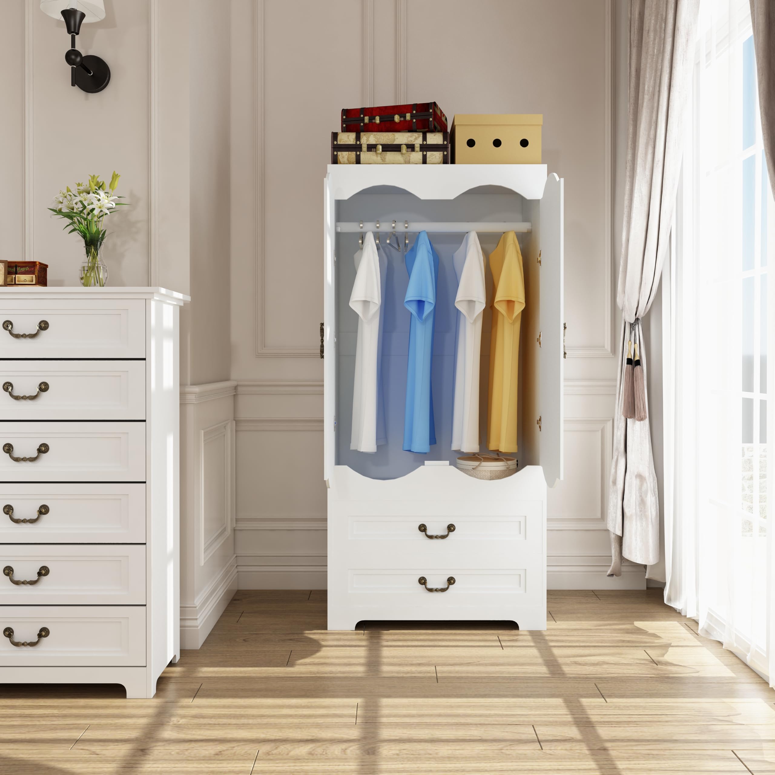 Janmer Home Armoire Wardrobe Closet with 2 Drawers, Tall Wooden Wardrobe Closet with 2 Doors and Hanging Rail, Free Standing White Armoire for Bedroom (Retro, White)