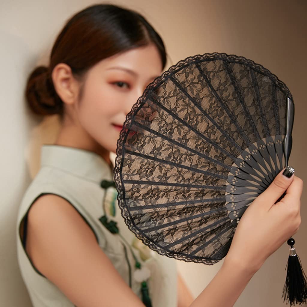 HALAHAI Folding Fan Black Embroidery Shell-shaped Lace Cheongsam Folding Fan Dance Ancient Style Small Round Fan Hand Fan (Color : B, Size : 22cm)