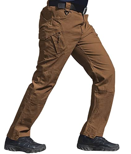 Erston Men's Outdoor Work Military Tactical Pants Lightweight Ripstop Combat Trousers Hiking Pant with 9 Pockets No Belt (Brown, 34)