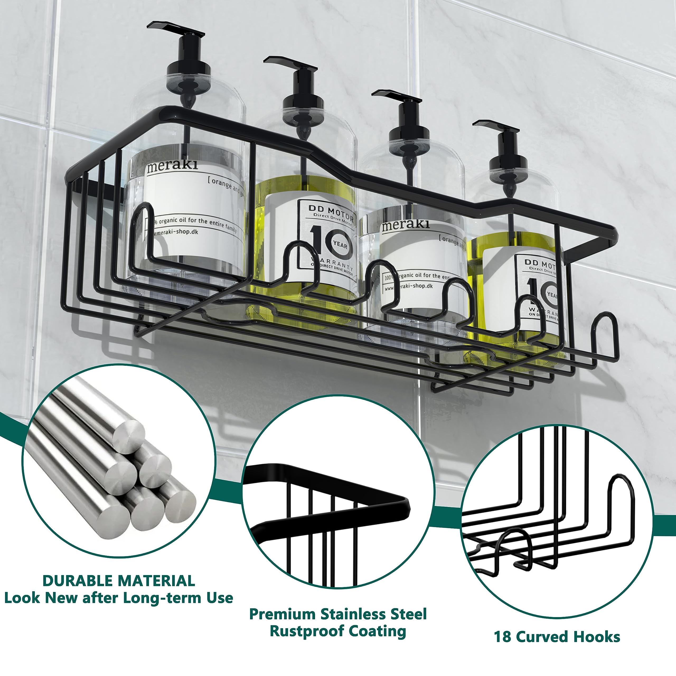 RM FOLD Shower Caddy, 5 Pack Adhesive Shower Organzier, No Drilling Shower Shlves, Rustproof Stainless Steel Bathroom Shower Organzier for Bathroom, Kitchen and Dorm Organization and Storage, Black