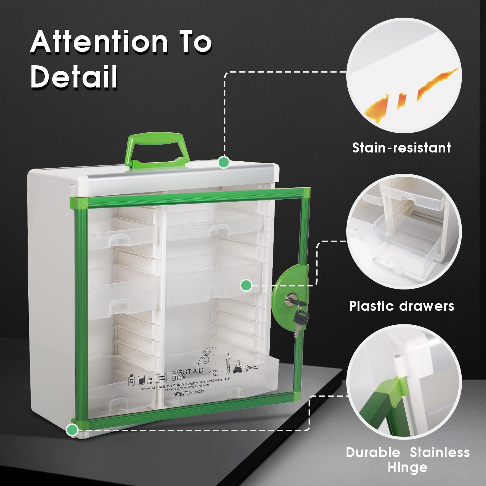 Glosen Medicine Cabinet Locking Medicine Cabinet Wall Mounted 15.62 x 6.5 x 15.43 Inch Portable Storage Container Big Capacity Green
