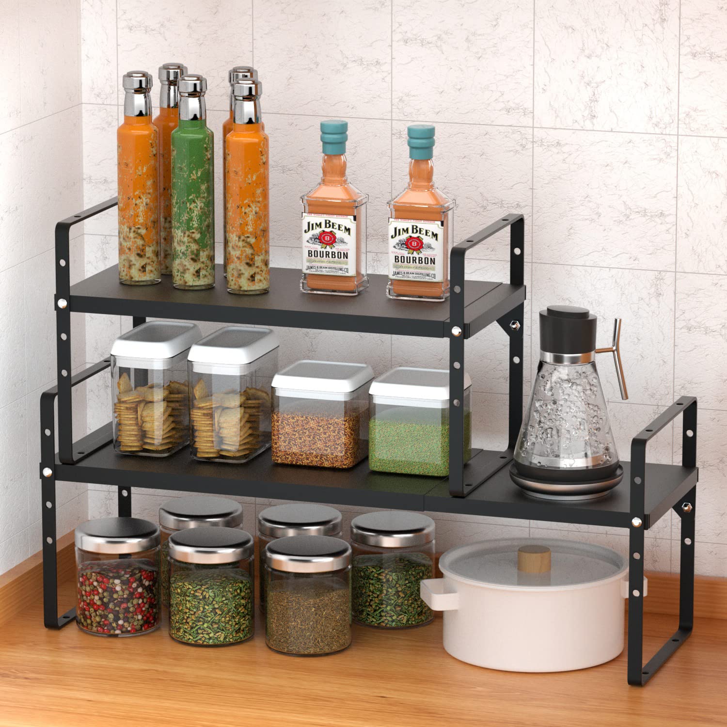 GEDLIRE Expandable Kitchen Cabinet Shelf Organizers 4 Pack, Stackable Metal Pantry Storage Shelves Rack, Adjustable Counter Shelf for Cabinets, Countertop, Cupboard Organizers and Storage, Black