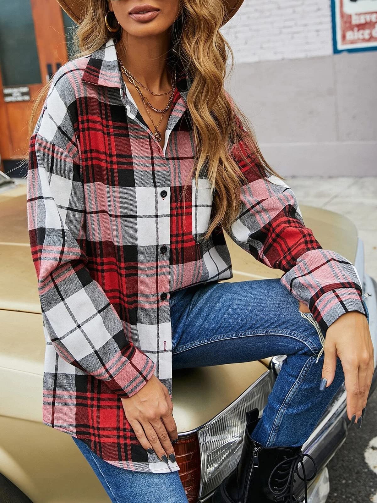 DJT FASHION Womens Fall Flannel Shirts Long Sleeve Button Down Shirt Plaid Tops with Pocket Small Red