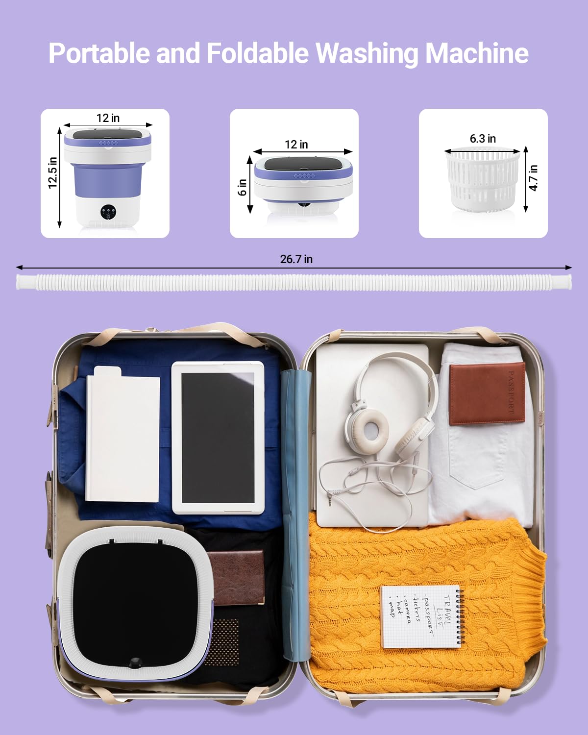 NISHCON Portable Washing Machine, 11L Upgraded Large Capacity Mini Washer with Spin Basket, Small Washing Machine for Apartments, Travel Laundry, Camping, RV, Dorm (Purple+White)