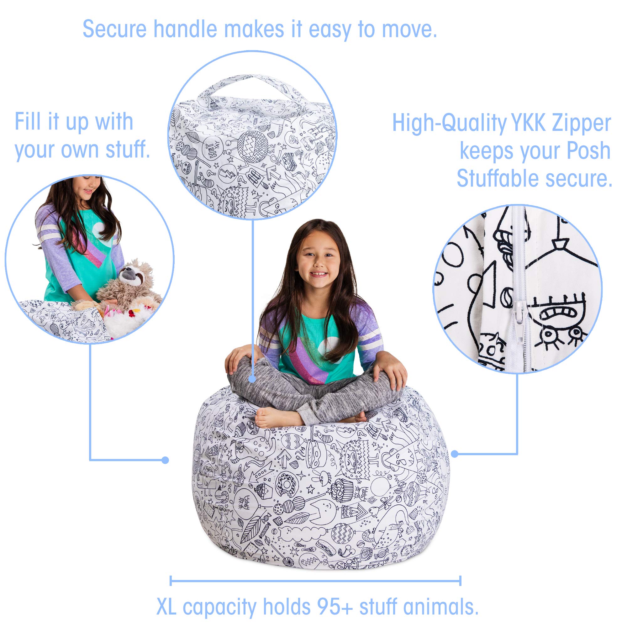 Posh Stuffable Kids Stuffed Animal Storage Bean Bag Chair Cover - Childrens Toy Organizer, Large 38" - Canvas Fun Creatures Coloring Fabric