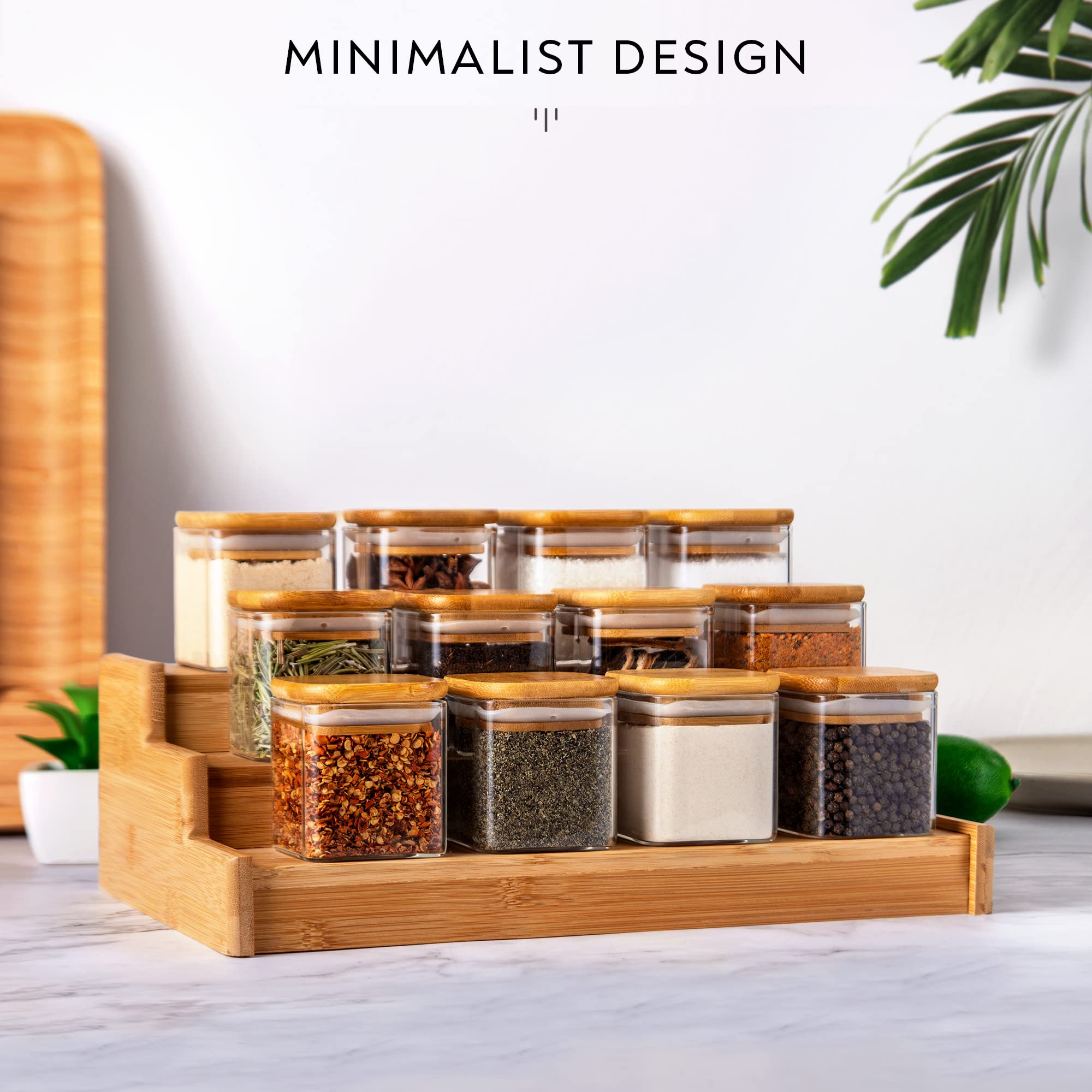 Laramaid 5oz 12Packs Glass Jars Set with Minimalist Spice Labels, Square Spice Jars with Bamboo Lids and White Vinyl Customized Sticker Labels, Food Storage Container Canisters