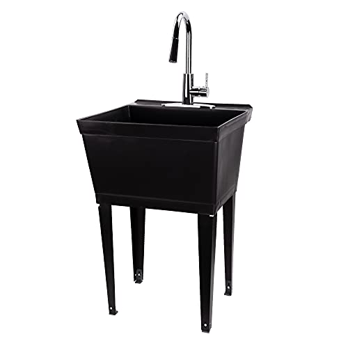 Laundry Sink Utility Tub With High Arc Metal Pull Down Faucet By JS Jackson Supplies Parent (Chrome Faucet, Black Tub)