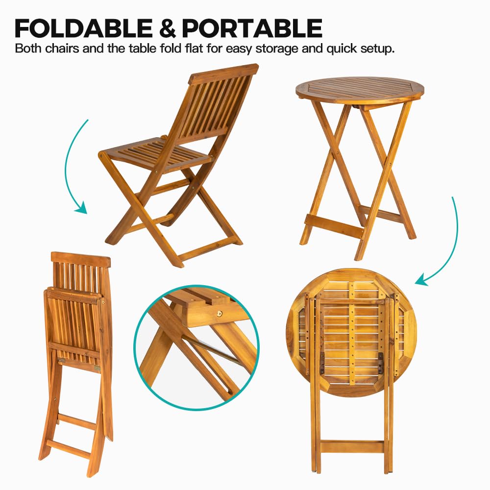 Panana 3PCS Patio Bistro Set Acacia Wood Folding Table Chairs with Cushions Foldable Patio Furniture Set for Outdoor Garden Deck Yard (Round)