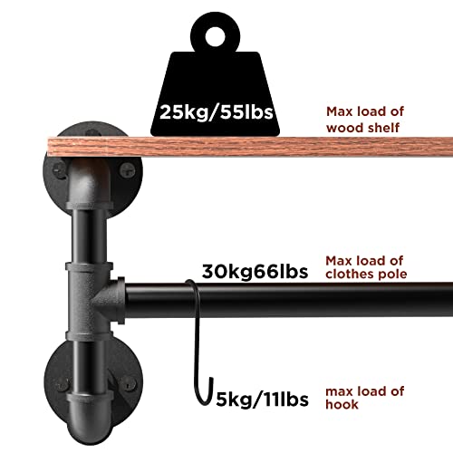 MOUTIK Top Shelf Clothes Hanging Rack: Industrial Pipe Wall Mounted Retail Garment Racks with Wood Floating Shelves - Heavy Duty Display Clothing Hanger Rod for Closet Coat Storage